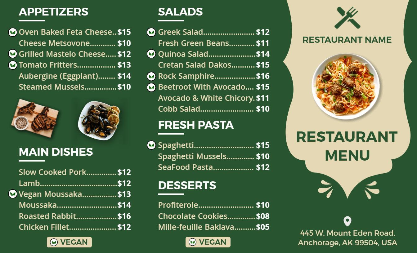 Layout of Restaurant Menu